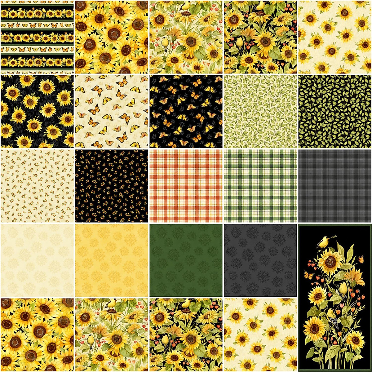 Wilmington Prints Sunflower Splendor 24-7/8" Sunflower and Goldfinch Panel Black, Fabric by The Panel
