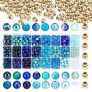 PH PandaHall 648pcs 8mm Blue Glass Beads 300pcs 4mm 14K Gold Plated Beads Long-Lasting Round Smooth Spacer Bead Seamless Loose Ball Beads for Summer Hawaii Stackable Necklace Bracelet Earring Making