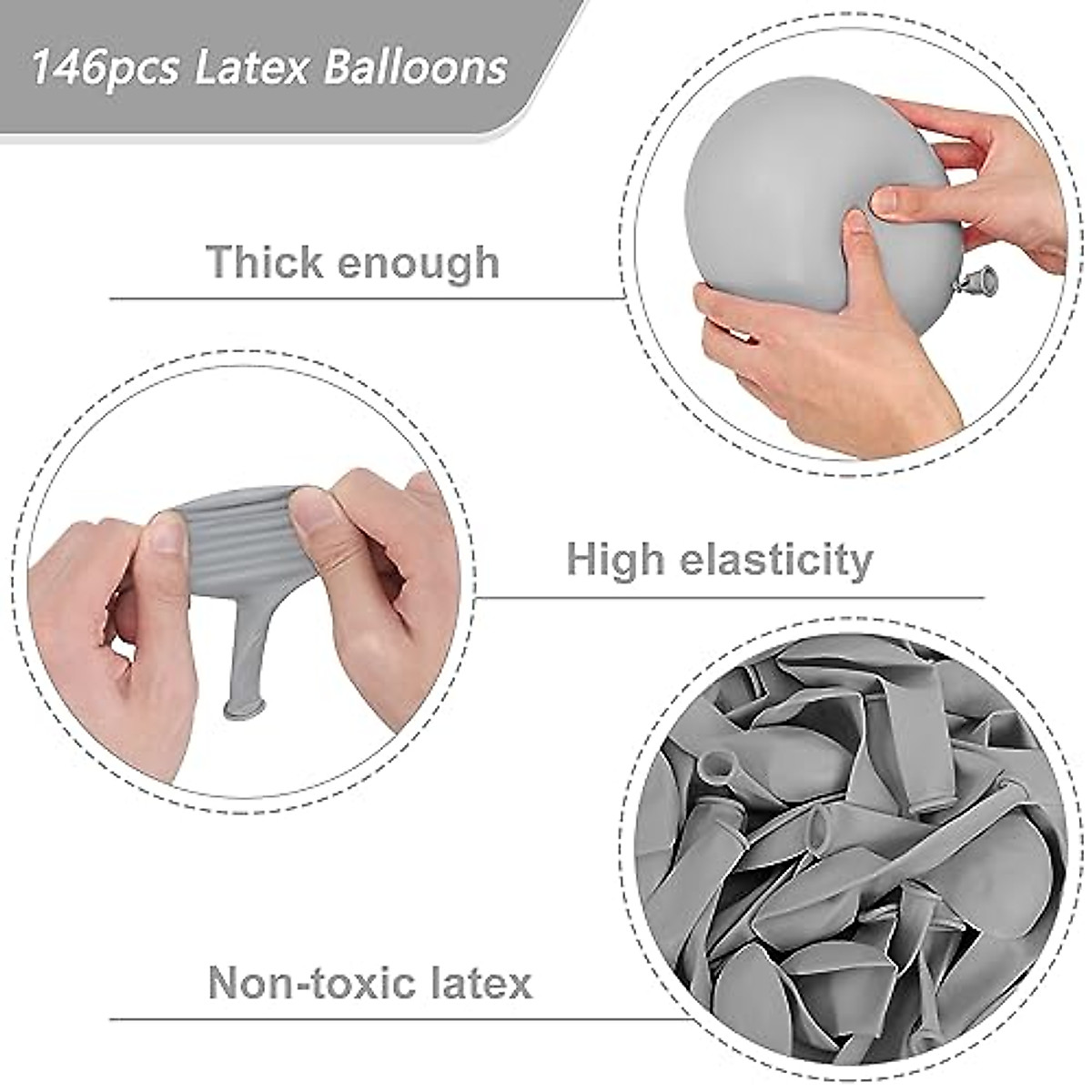 RUBFAC Pastel Grey Balloons, 146pcs Different Sizes Pack of 36 18 12 10 5 Inch for Balloon Garland or Balloon Arch as Graduation Wedding Birthday Baby Shower Anniversary Party Decorations