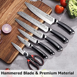 PAUDIN Knife Set with Block, 7-Pieces Knife Sets for Kitchen with Block, Razor-Sharp Chef Knife Set with Kitchen Scissor, High Carbon Stainless Steel Kitchen Knife Set with Full Tang Handle