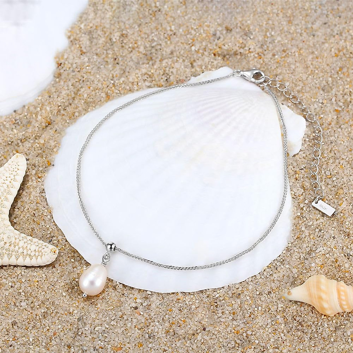 100% 925 sterling silver white freshwater pearl with a ball charm accent on slim and sleek summer beach anklets for women gold plated jewelry, 9-11inches (silver)