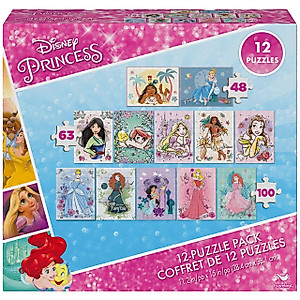Disney Princess, 12-Puzzle Pack 48-Piece 63-Piece 100-Piece Jigsaw Puzzles For Kids Ariel Moana Cinderella Jasmine, For Preschoolers Ages 4 And Up