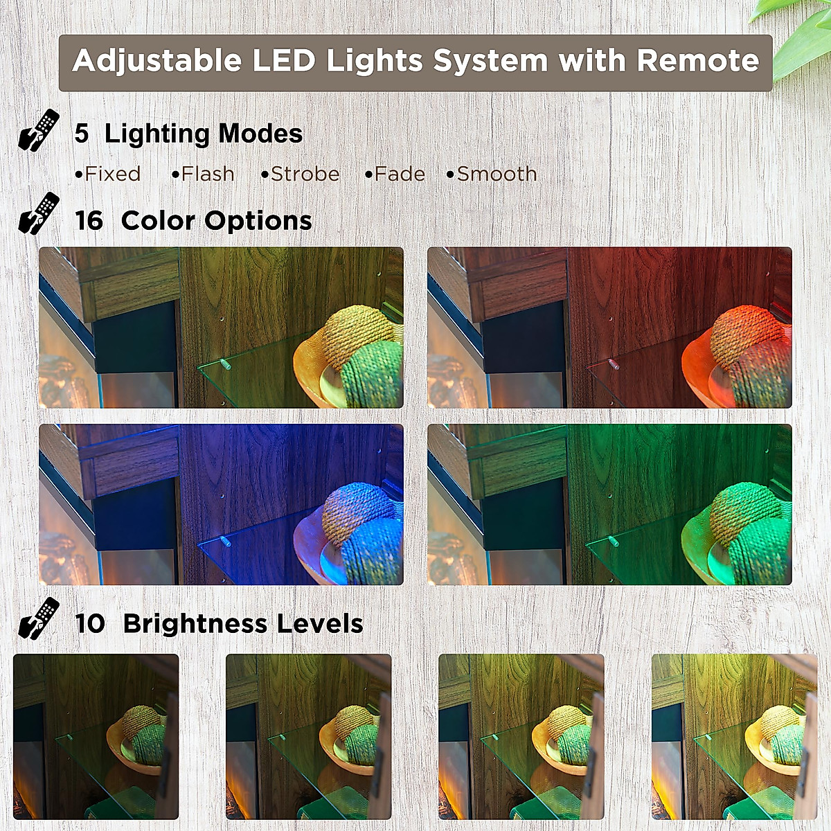 JXQTLINGMU 3-Sided Glass Fireplace TV Stand for 75 Inch TV, Large Farmhouse Media Console with LED Light, Highboy Entertainment Center with 3 Side Cutouts Glass Doors for Living Room, Antique Brown