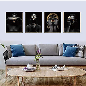 African American Wall Art Painting Black Woman Fashion Pop Gold Earrings Necklace Black Set of 4 (8”X10” Canvas Picture) Pretty Girl Room Poster Art Painting Bedroom or Room for Home Decor No Frame