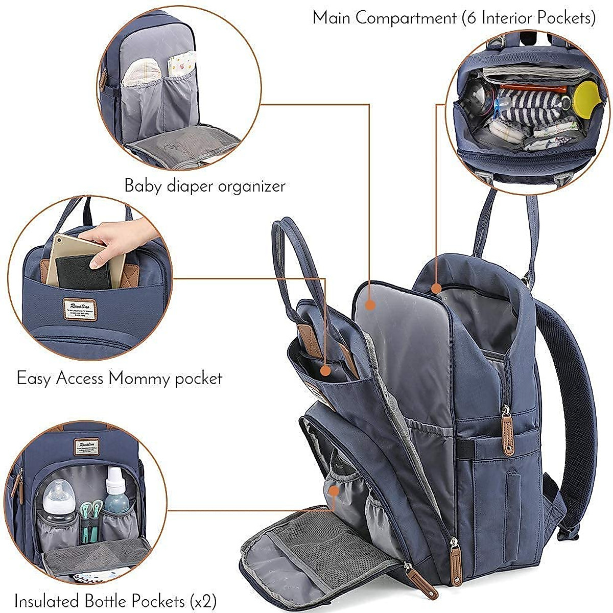 RUVALINO Diaper Bag Backpack Set, Unisex All-in-One Baby Bags for Boy Girl, Multifunction Large Travel Backpack with Portable Changing Pad, Stroller Straps, Pacifier Case and Insulated Pockets