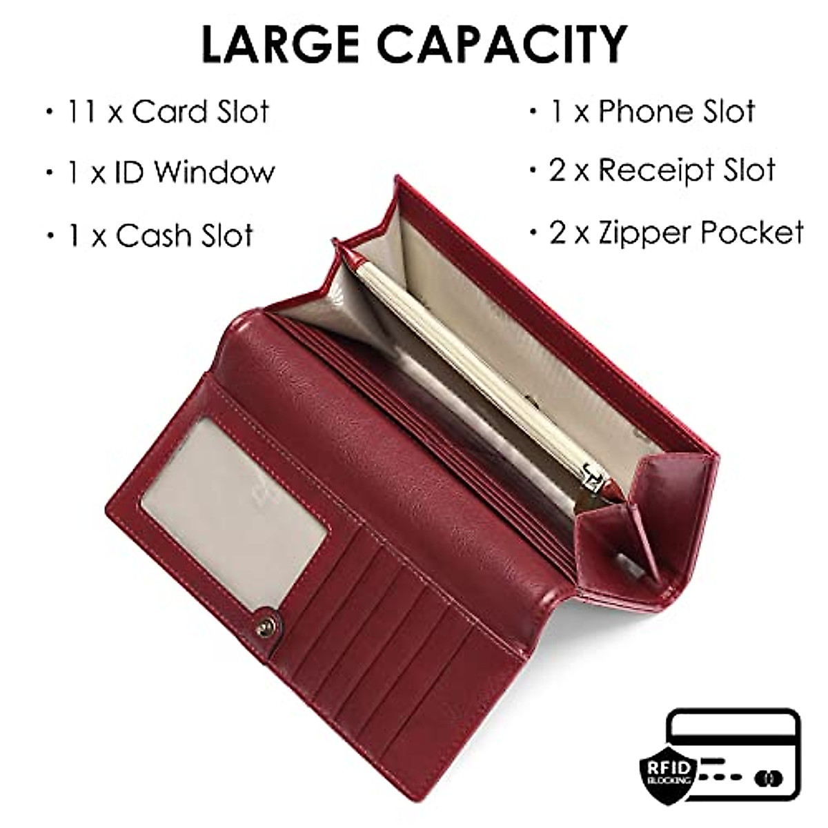 KELEEL Women Wallet Leather Clutch Bifold RFID Blocking Large Capacity Slim Ladies Purse Card Holder Organizer (Gloss Red)
