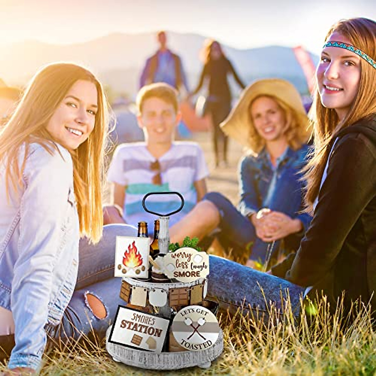 10 Pcs Camping Tiered Tray Decor Set Farmhouse Farm Tiered Tray Decor Wood Sign Camping Party Decorations Campfire Centerpiece Decor Barbecue Camping Decorative Trays Rustic Kitchen Decor (Large)