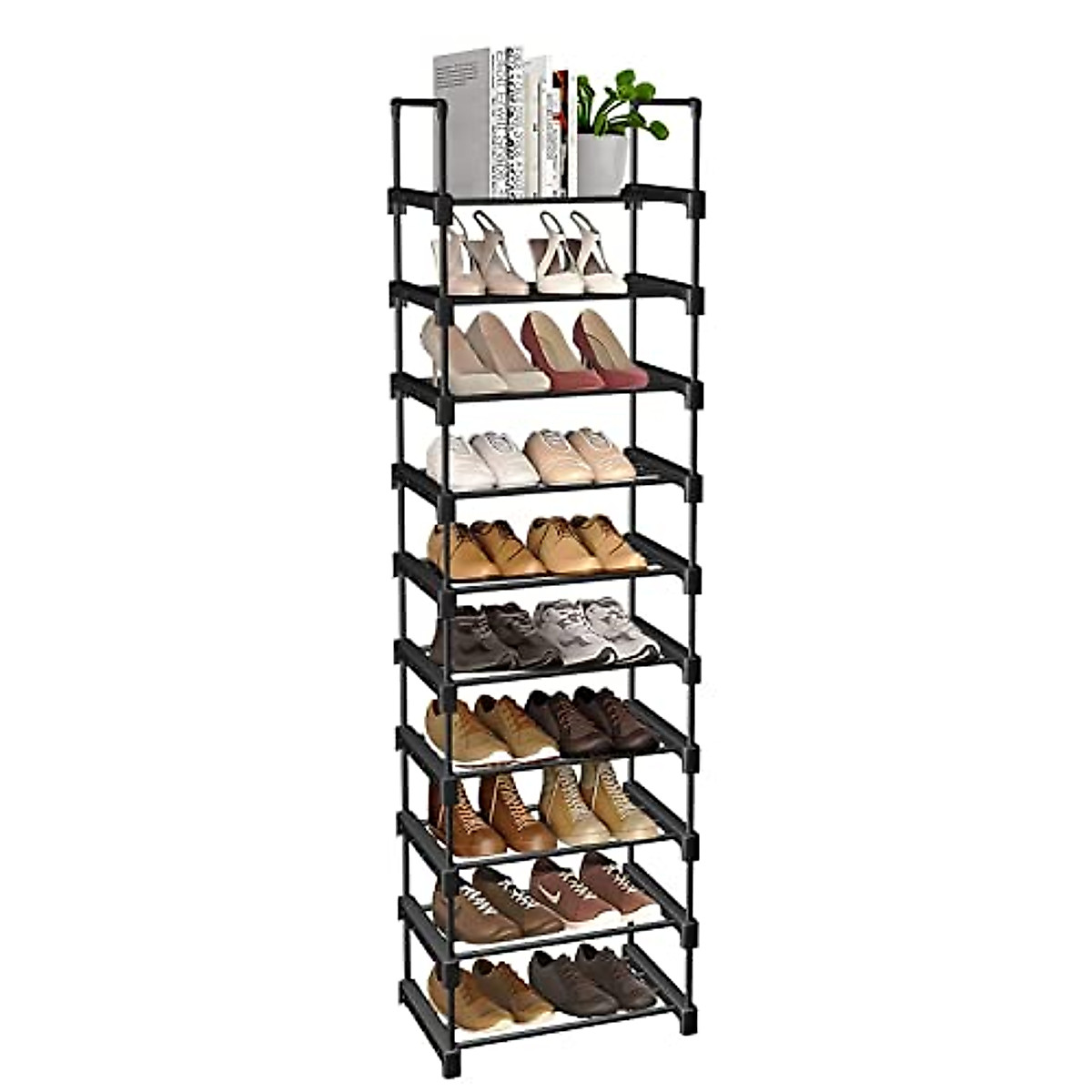 NYLBRT Upgrade 10 Tier Shoe Racks, Metal Stackable Shoe Rack Organizer for 20-25 Pairs Shoe and Boots, Tall Narrow Shoe Shelf for Entryway, Closet, Garage, Bedroom, Cloakroom, Black