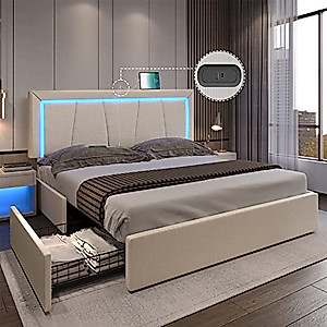 DICTAC Queen Bed Frame with LED Headboard and 4 Storage Drawers Upholstered Platform Bed Frame with USB Ports and Led Lights Modern Queen Size Led Bed Frame,Linen Fabric,No Box Spring Needed,Off White