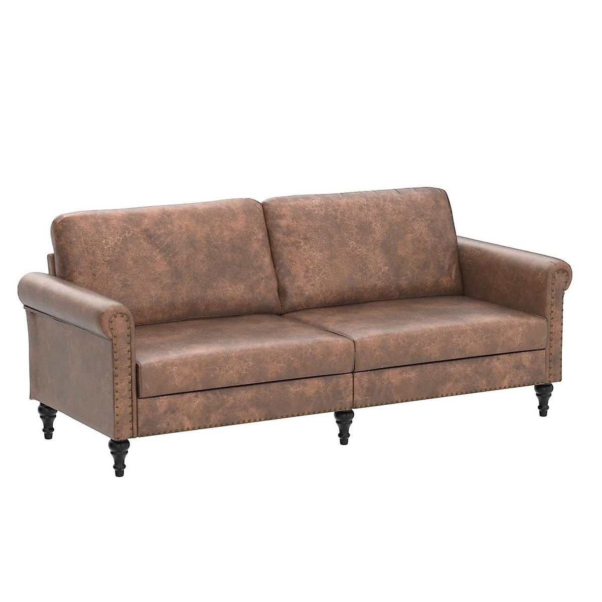 ACMEASE 80” Faux Leather Sofa with Nailhead Trim, Traditional 2 Seater Couch with Rolled Arms, Upholstered Loveseat Sofa for Living Room, Apartment, Studio, Office, Brown