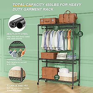 LEHOM G1 3 Tiers Garment Rack with Storage Shelves, Heavy Duty Rolling Free-Standing Clothing Rack Closet Organizer with Double Rods/Lockable Wheels & 2 Pairs Side Hooks, Max Load 450 LBS, Black
