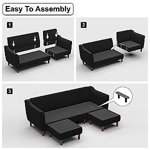 Belffin Black Velvet Fabric U Shaped Sectional Couch with Chaise Small Reversible Sectional Sofa Couch 4-Seater Sectional Sofa Sleeper with Storage Ottoman Foot Rest for Apartment