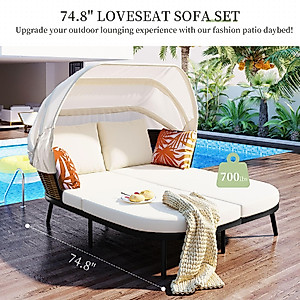 Merax 74.8" L Outdoor Daybed with Retractable Canopy Mattress Included, Patio Rattan Back Loveseat Sofa, Day Bed Throw Pillows and Cushions Set for Backyard, Poolside, Garden, Beige