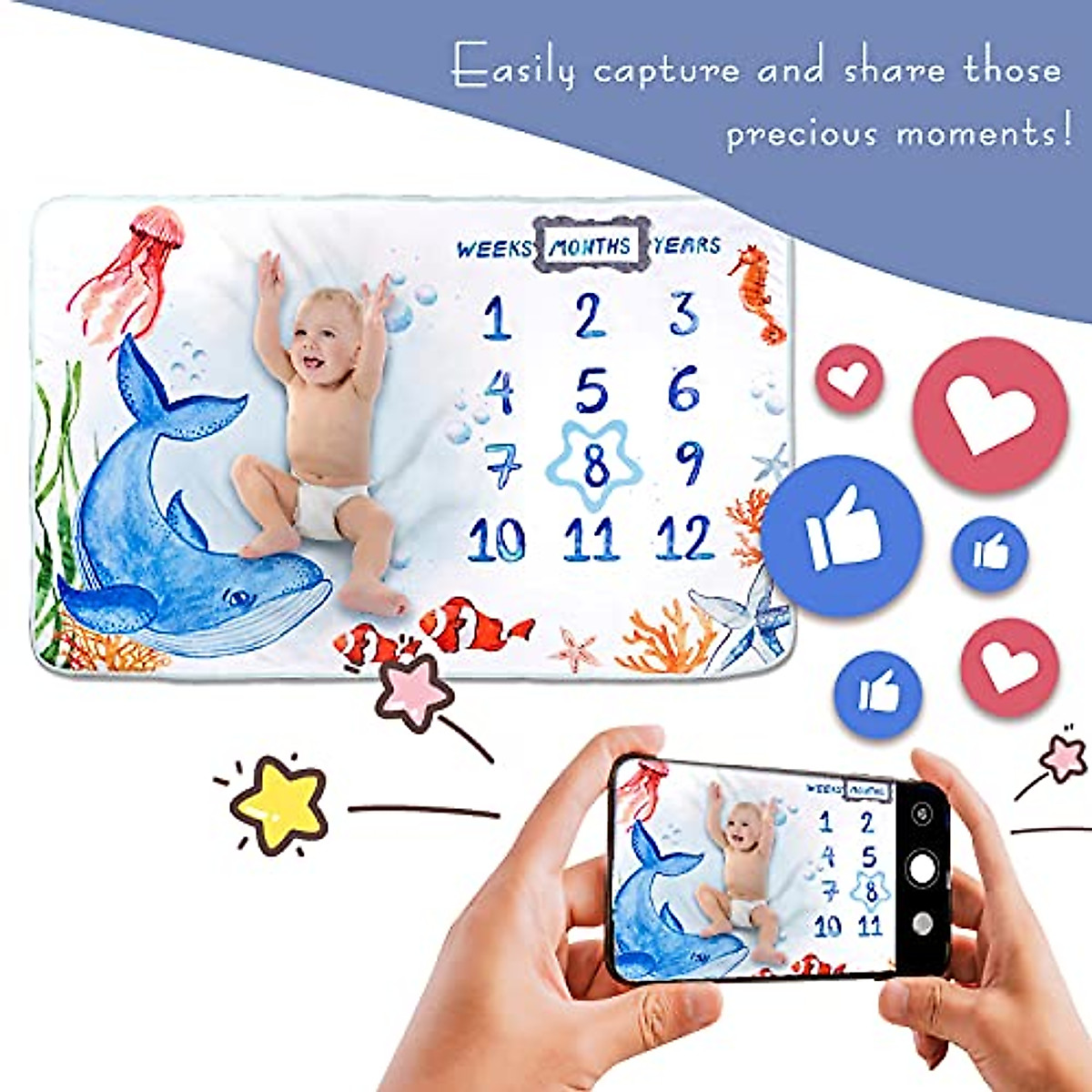 InnerSafe Baby Milestone Blanket| Original Design Baby Monthly Milestone Blanket Boy Girl|Baby Photography Props Blanket| 60'x40' Ocean World (Vacuum-Packed)