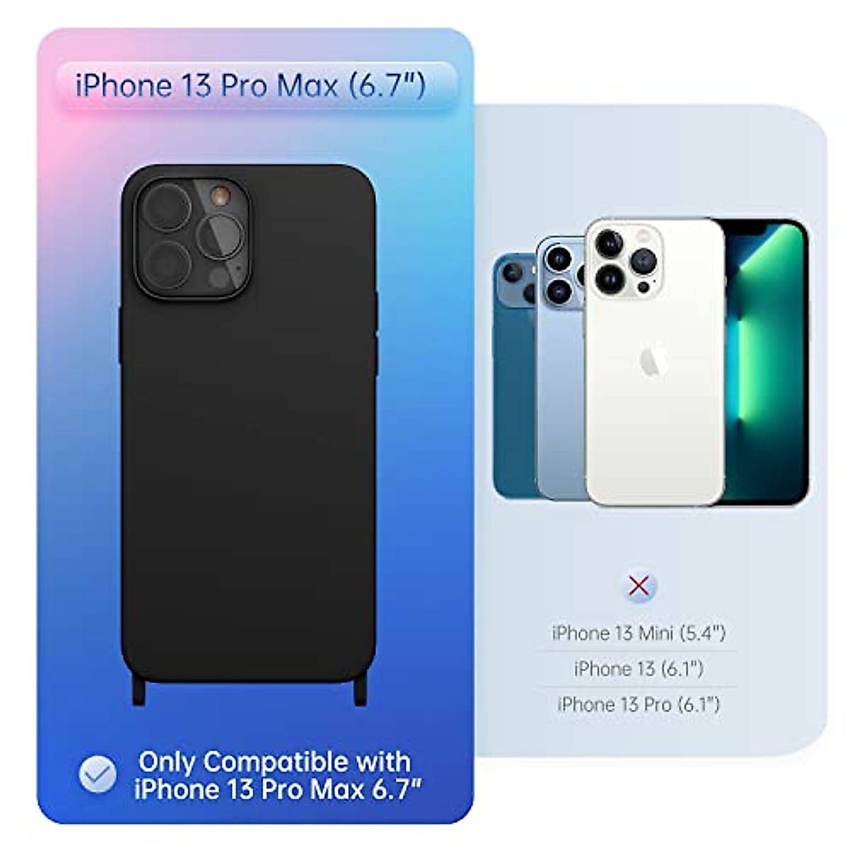 VooDirop Compatible with iPhone 13 Pro Max Case Crossbody Phone Case with Strap Neck Lanyard Adjustable Shockproof Drop Protection Silicone Phone Cover for iPhone 13 Pro Max 6.7’’ Black