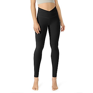 ODODOS Women's Cross Waist Full Length Yoga Leggings with Inner Pocket, Inseam 28" Gathered Crossover Workout Yoga Pants, Black, X-Small