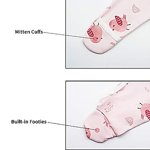 COBROO 2-Pack Baby Girl Footies Pajamas with Mittens 100% Cotton Lucky Birds Baby Girl Pajamas Set 0-3 Months