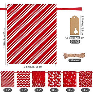 MIMIND 12 Pieces Christmas Drawstring Gift Bags Red and White Cotton Fabric Christmas Gift Bags with Drawstring 12 x 10 Inch Christmas Party Favor Bags for Christmas Party Supplies, 6 Designs