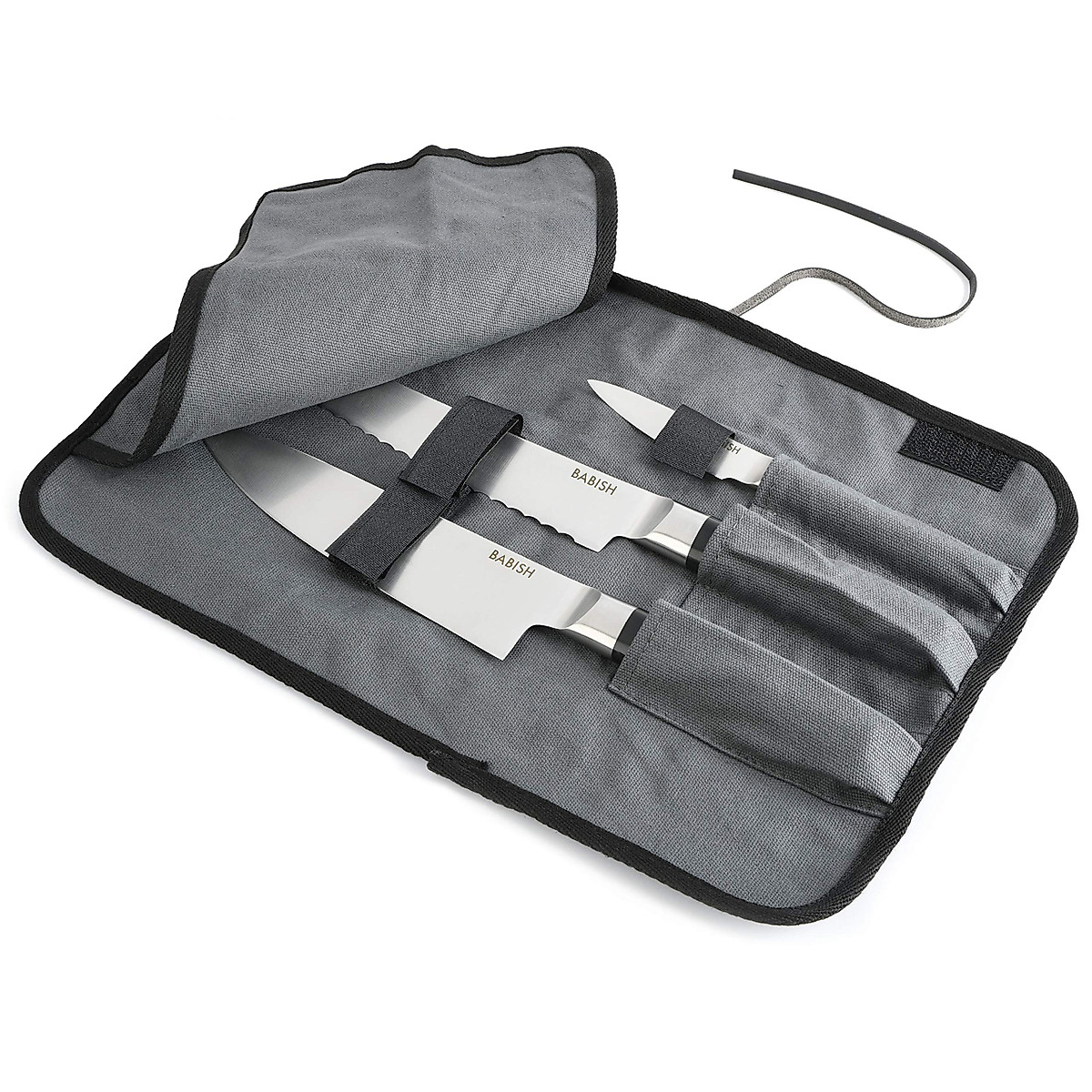 Babish German Steel Cutlery Set with Knife Roll - Includes Chef's Knife, Bread Knife, Paring Knife and 4 Steak Knives