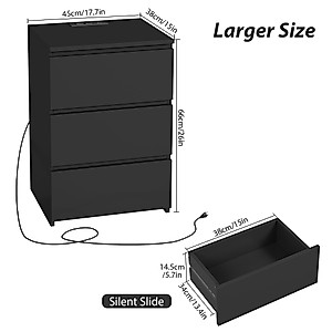 FOTOSOK Black Nightstand, 26" H Black Night Stand with Charging Station, Black Nightstand with USB Ports & Power Outlets, Silent Slides, Wooden End Side Table Bedside Table with 3 Drawers for Bedroom