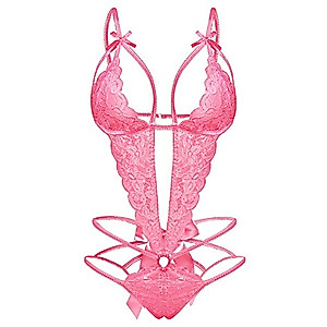 Donnalla Women's Deep V Lace Teddy One Piece Lingerie Cutout Strappy Lingerie, Pink, Medium