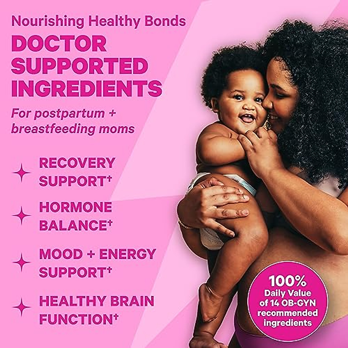 Pink Stork Total Postnatal Vitamins for Women with DHA, Iron, Folate, and Vitamin B12, Postpartum Recovery Essentials, Daily Postnatal Supplement for Breastfeeding Moms, 60 Capsules, 1 Month Supply