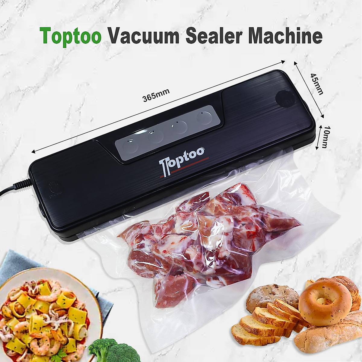 Toptoo Vacuum Sealer For Food Storage Vacuum Sealer Machine Meat Sealers Vacuum Packing Machine With Free Vacuum Seal Bags 1 Roll (12" x 17'), 2 Rolls (8" x 17') and 10 Pack (6" x 10') Black
