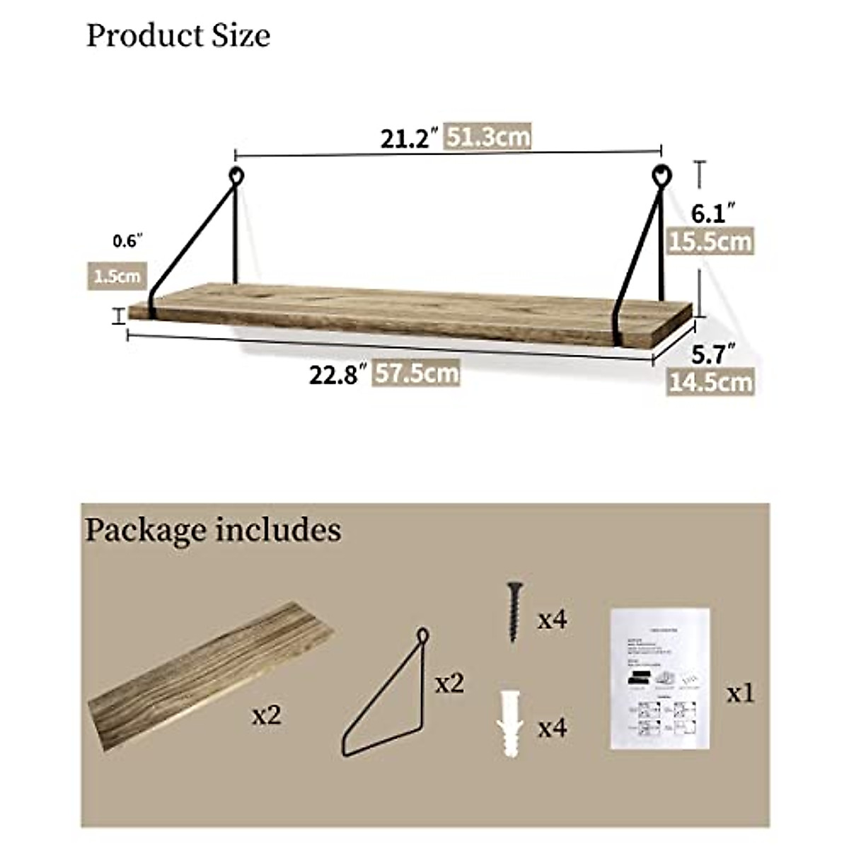 SUMGAR 24 Inch Floating Shelves Long Shelf for Wall Decor, Rustic Large Wood Wall Mounted Hanging Storage Shelves with Black Metal Brackets for Bathroom Kitchen, Set of 2