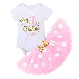 IBTOM CASTLE Baby Girls Cake Smash 1st Birthday Outfit Set Romper Bodysuit Dress+Polka Dots Tutu Skirt+ Ears Headband+Barefoot Sandals Foot Bands for Newborns Infants Photograph Pink-1st 1T