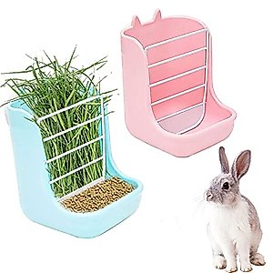 Hamiledyi Rabbit Hay Feeders Rack 2 in 1 Feeder Bowls Double Bunny Feed Holder Grass Food for Small Animal Supplies Chinchillas Guinea Pig Hamsters (Pink and Blue) 2 Pcs
