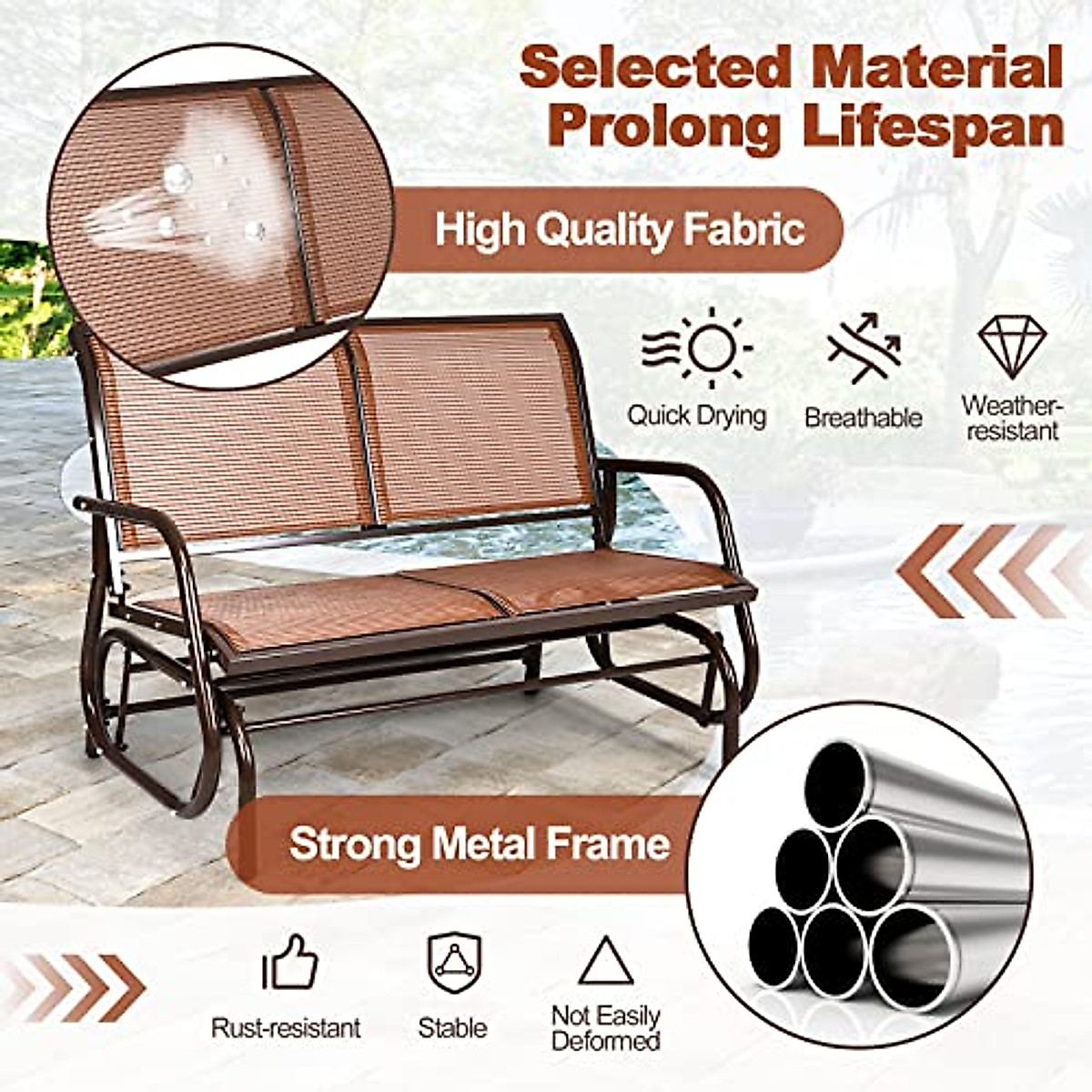 Tangkula 2 Person Patio Glider, Outdoor Swing Bench, Rocker Glider Loveseat Chair with Heavy-Duty Steel Frame, Breathable Seat Fabric, Rocking Lounge Chair for Poolside, Garden, Backyard, Porch