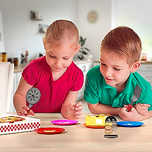 Kids Pizza Toy Set, Pretend Kitchen Play Food, Slice & Serve Toy Pizza with Box, Pie Cutter & Fake Condiments