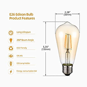 HESSION Vintage Edison LED Bulb, 6-Pack ST58 E26 Base 40 Watt Equivalent, Warm White 2200K-2700K, Antique Vintage Style Light, Squirrel Cage Filament Edison Light Bulbs Amber Glass, Dimmable