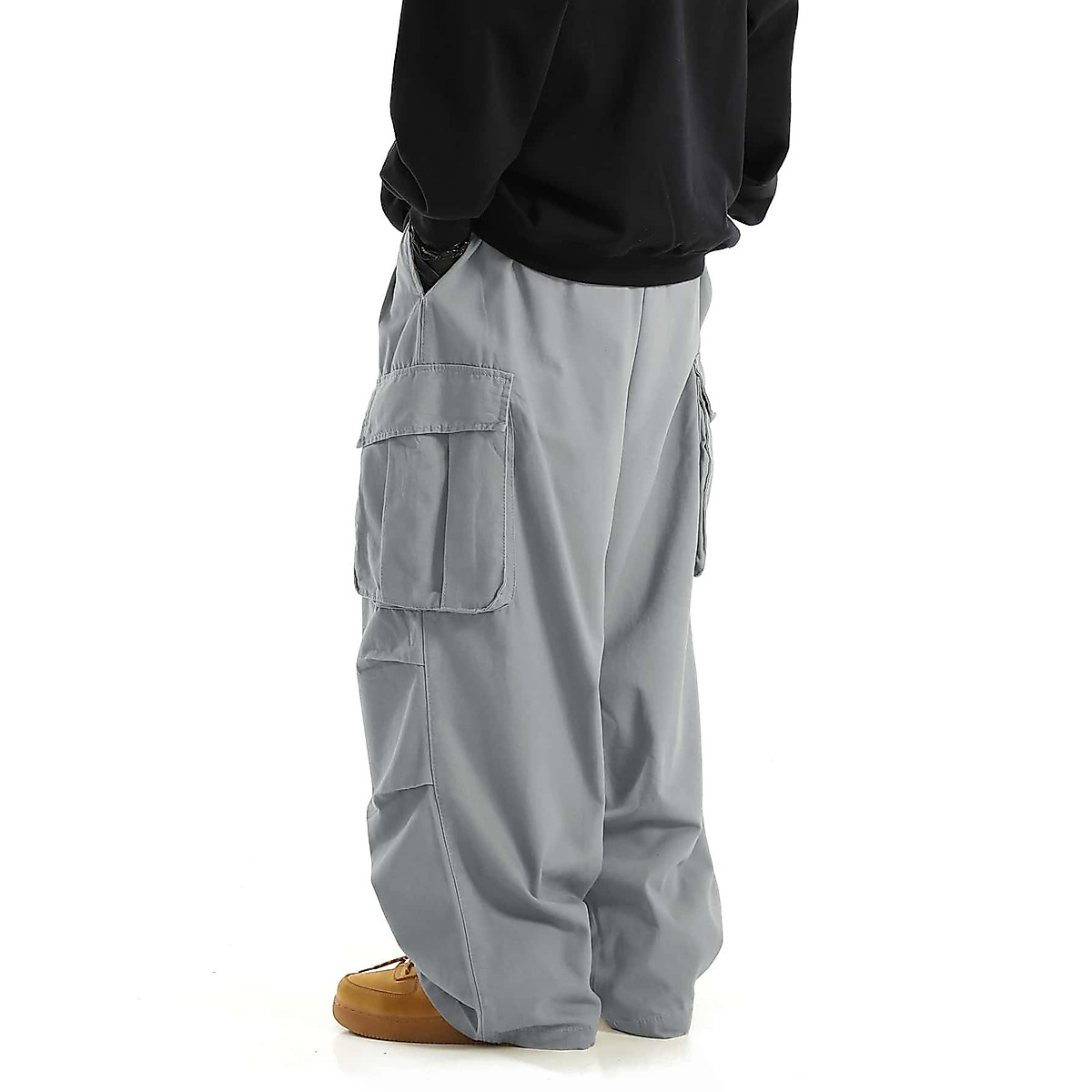 OYOANGLE Men's Drawstring Elastic Waist Flap Pockets Streetwear Baggy Cargo Pants Joggers Hiking Trousers Light Grey L