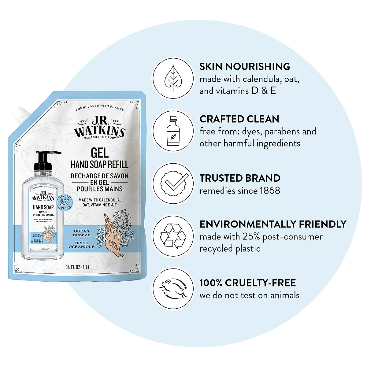 J.R. Watkins Gel Hand Soap Refill, Moisturizing Hand Wash, All Natural, Alcohol-Free, Cruelty-Free, USA Made, Ocean Breeze, 34 Fl Oz, 3 Pack
