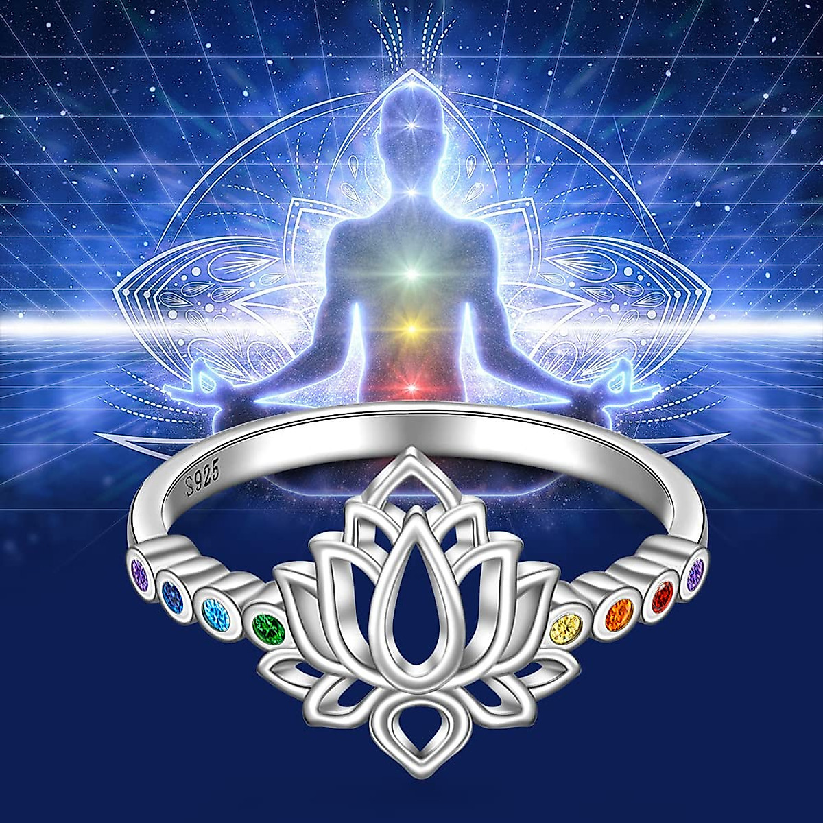 Lotus Ring Chakra Ring for Women Lotus Flower Rings Sterling Silver Yoga Chakras Jewelry Meditation Anxiety Relief Size 8