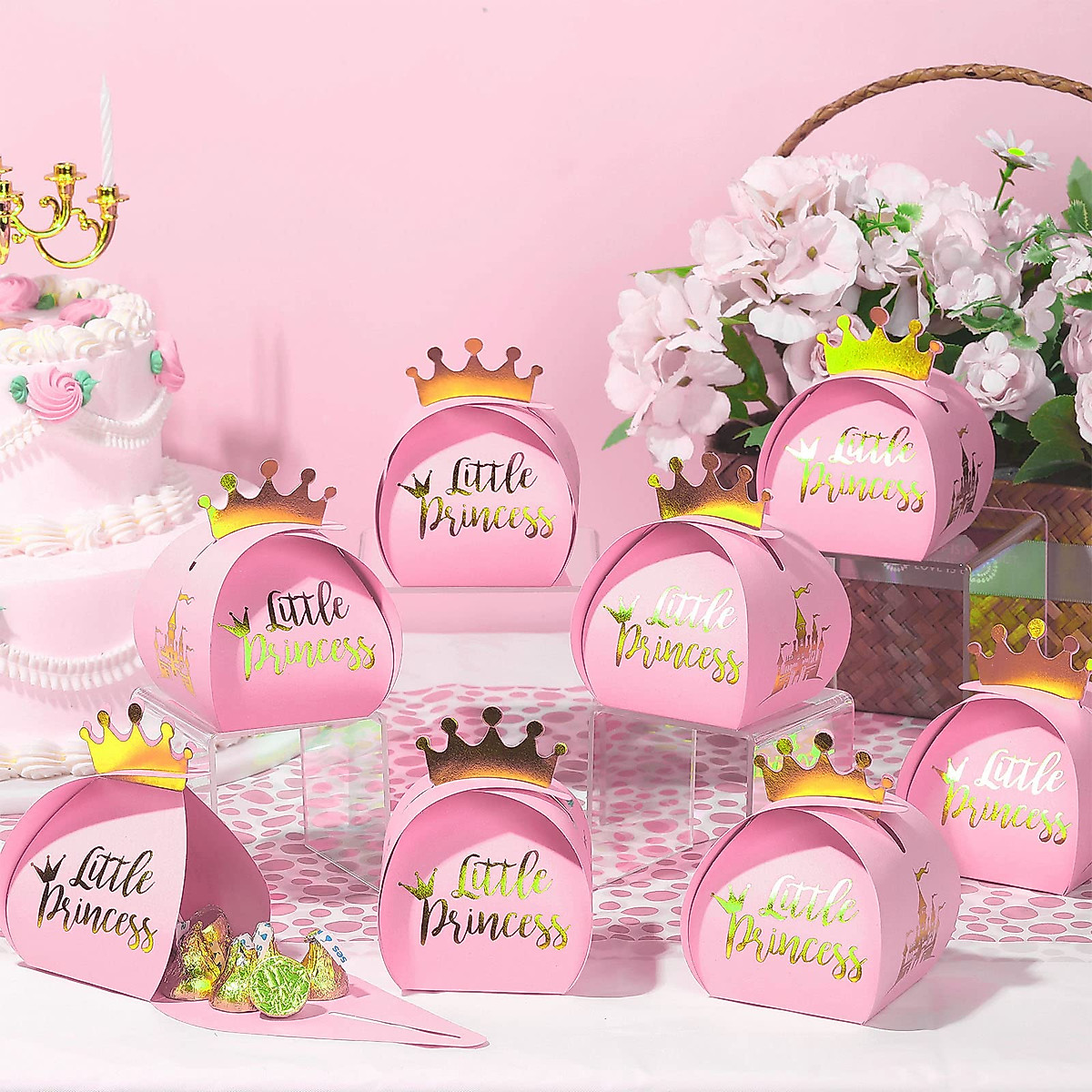 36 Pack Pink Little Princess Candy Boxes Printed Gold Castle and Crown Baby Shower Favors Goodie Treat Boxes Charming Princess Birthday Party Favor Boxes for Baby Girls Party Favors Supplies
