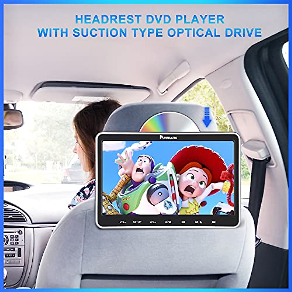 NAVISKAUTO 10.1'' DVD Player for Car with HDMI Input Wall Charger Headphone, Car DVD Player with Headrest Mount Support 1080P Video, MP4, USB/SD Card, AV in & AV Out, Region Free, Last Memory