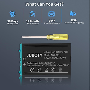 JUBOTY 950mAh 2023 New Upgrade GBA SP Battery Replacement for Nintendo Gameboy Advance SP Models AGS-001 AGS-003 SAM-SPRBP Game Console, Rechargeable Lithium-ion Battery with 1 Repair Tool