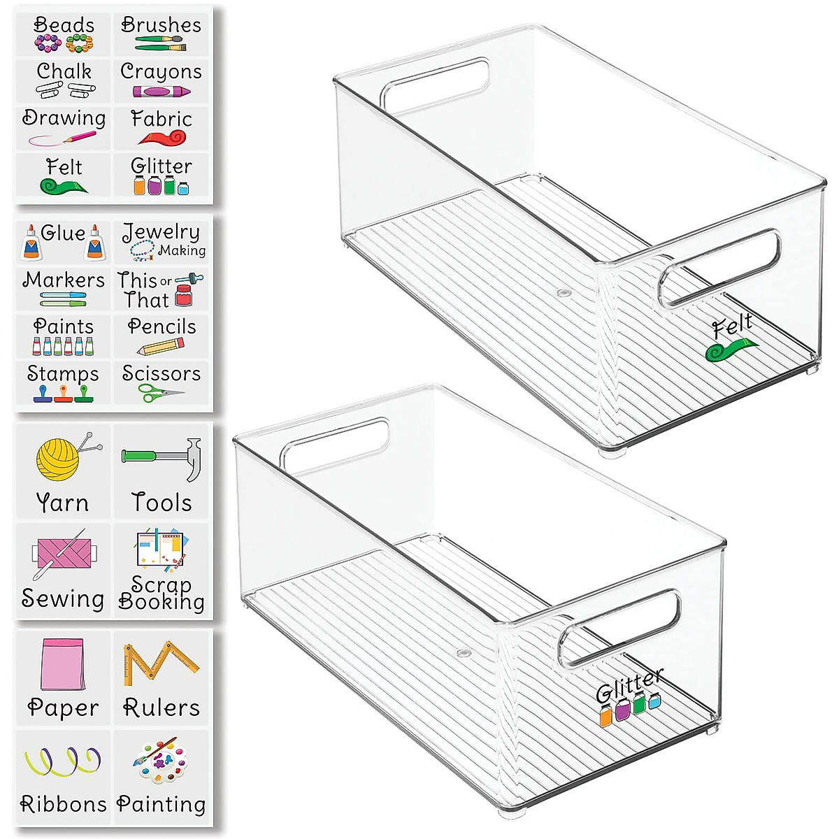 mDesign Plastic Craft Room Storage Box - Sewing, Crochet Storage Container with Built-in Handles for Thread, Beads, Ribbon, Glitter, Clay - 14.6" x 8.1" x 6" Pack of 2, Includes 24 Labels - Clear
