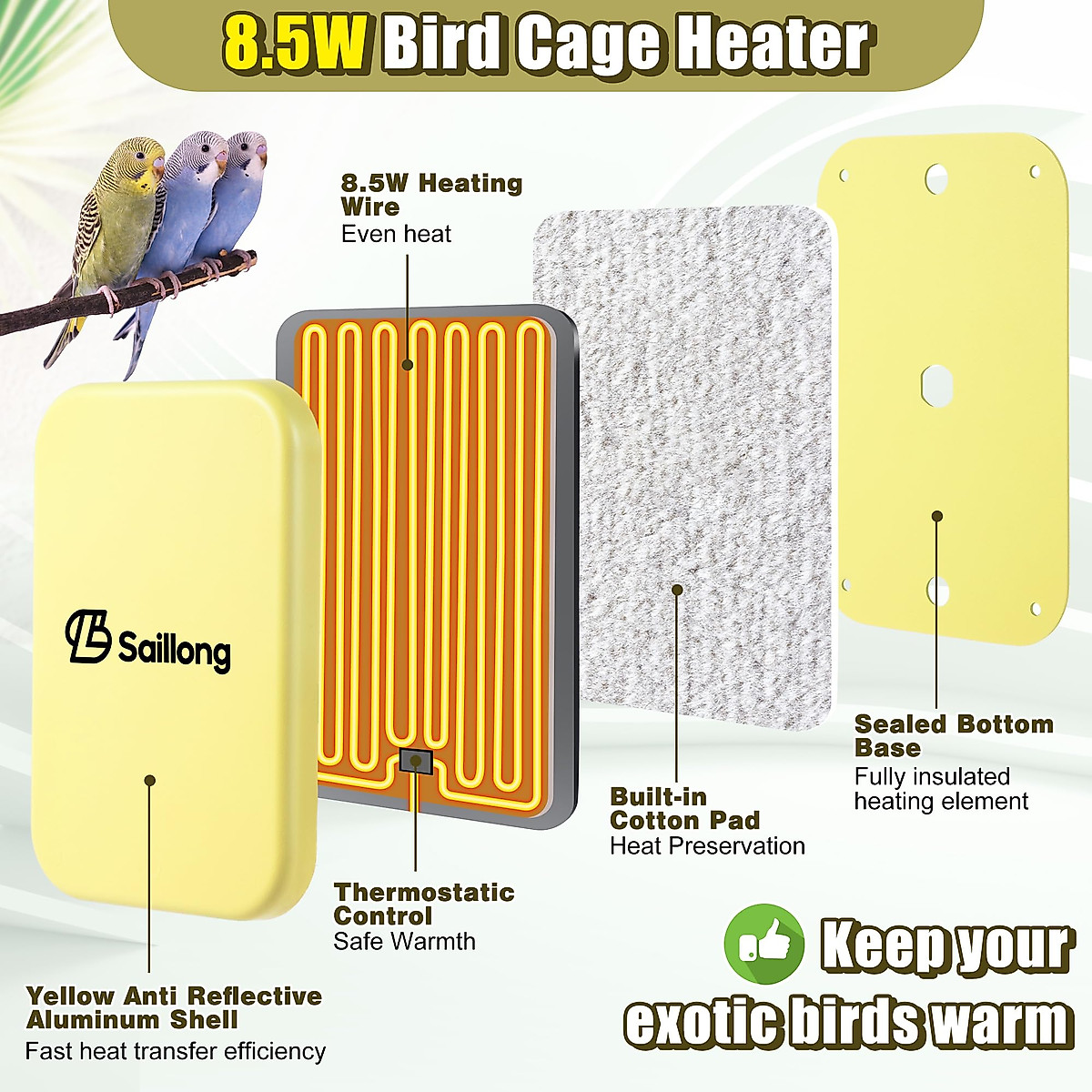 Saillong 8.5W Bird Cage Heater, Bird Warmer with Thermostatically Controlled, Bird Cage Heating Pad for Parakeets, Parrots, Exotic Pet Birds, with Anti Bite Rope, 3.7 x 5.7 x 0.5 Inches