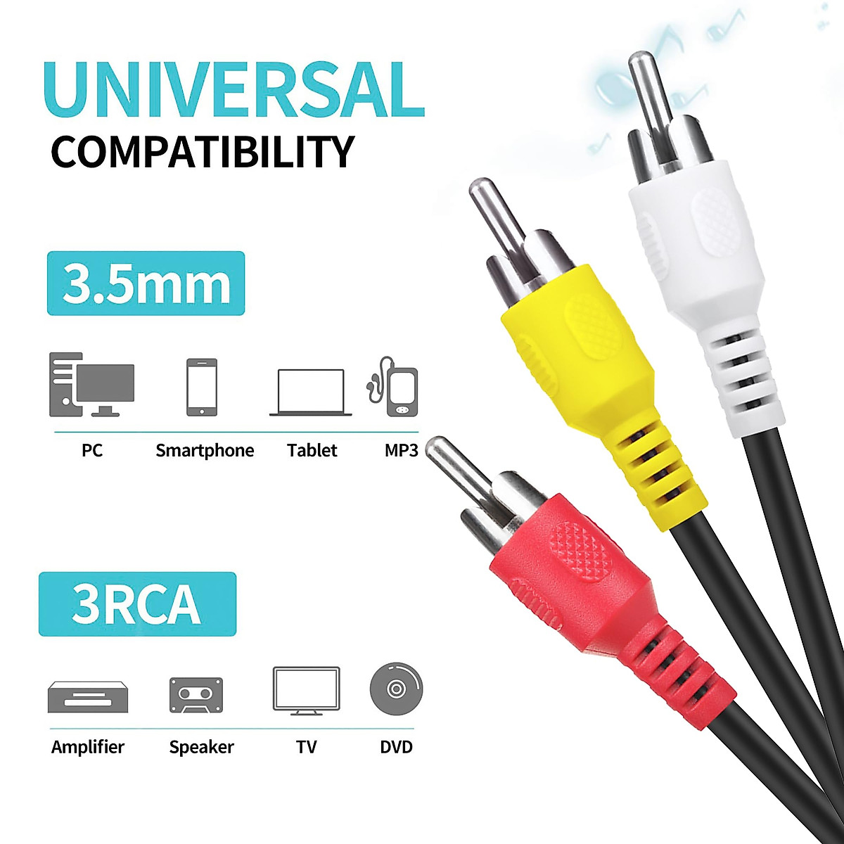 Digipartspower 5FT Cable A/V Audio/Video AV Cord 3.5mm AUX Auxilairy to RCA Composite Yellow White Red Cable for 503AK0400191000001 Western Digital WD TV HD,Live,Live Plus & Mini Media Player