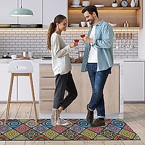 moonysweet Boho Anti Fatigue Kitchen Rug Mat Non Skid Cushioned Waterproof Non Slip PVC Leather Runner Standing Mat Colorful 17" x 29" +17" x 47" Set of 2 (2 Pieces)