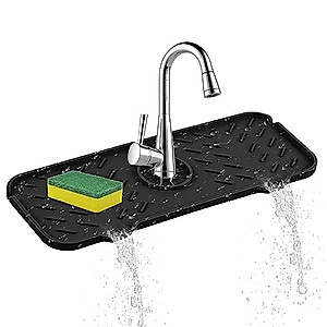 Silicone Faucet Mat for Kitchen, Sink Splash Guard, Sink Draining Pad Behind Faucet, Kitchen Sink Accessories, Faucet Absorbent Mat, Bathroom Faucet Water Catcher Mat (Black (15.4" x 5.9"))