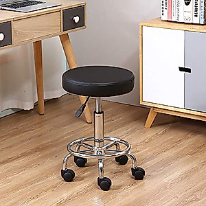 KKTONER PU Leather Round Rolling Stool with Foot Rest Swivel Height Adjustment Spa Drafting Salon Tattoo Work Office Massage Stools Task Chair Cushion 14 inches (Black)