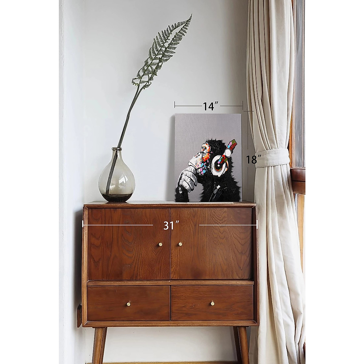 Modern Pop Art Decor - Framed - Thinking Monkey With Headphones Canvas Print Home Decor Wall Art, Gallery Wrap Inner Frame, 24x24