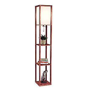 Brightech Maxwell - Modern Shelf Floor Lamp with Lamp Shade and LED Bulb - Corner Display Floor Lamps with Shelves for Living Room, Bedroom and Office - Walnut Brown
