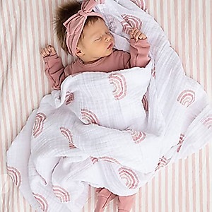 Ely's & Co. Cotton Muslin Swaddle Blanket 2-Pack for Baby Girl — 100% Cotton Muslin Extra-Large Swaddle Blankets (47” x 47”) Dusty Rose Stripes | Rainbows