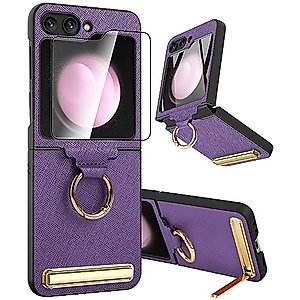 ATATOO for Samsung Galaxy Z Flip 5 Case with Ring & Kickstand & Built-in Screen Protector, Ultra-Thin Case Support Wireless Charging Durable Shockproof Anti-Slip Phone Case for Galaxy Z Flip 5, Purple