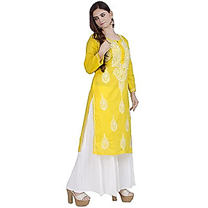 Chandrakala Hand Embroidered Lucknow Chikankari Kurti for Women 100% Cotton Indian Ethnic Tunic,2X-Large (K150YEL5) Yellow